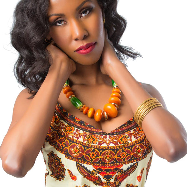 Benin Vintage Chevron and Amber Bead Necklace - Dalasini